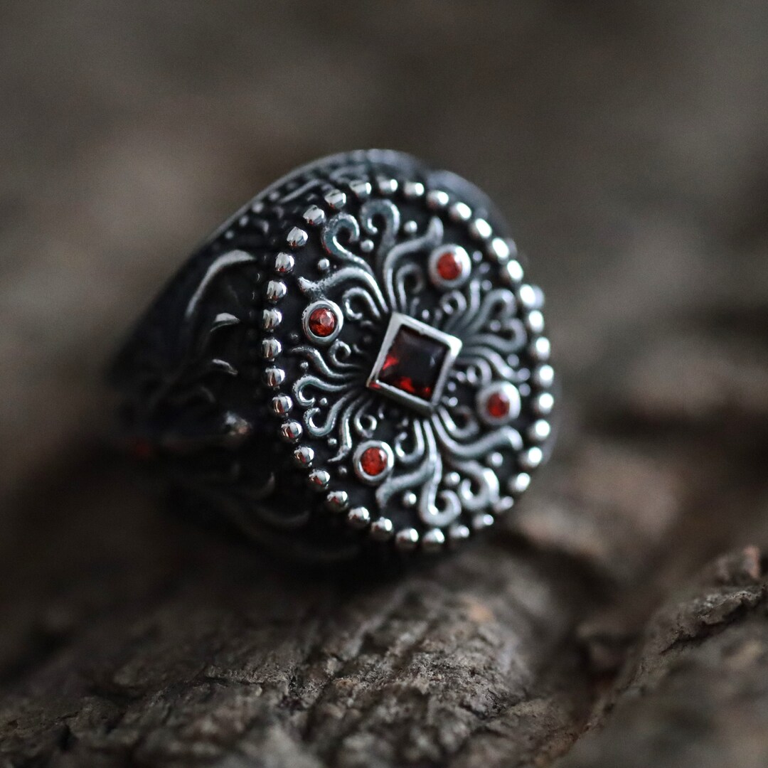 Boho Gothic Signet Ring, Unisex Stainless Steel With Ruby-like Stones ...