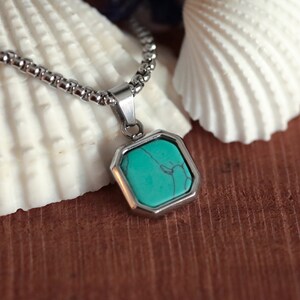 Square Turquoise Stainless Steel Pendant and Necklace, Natural Stone ...