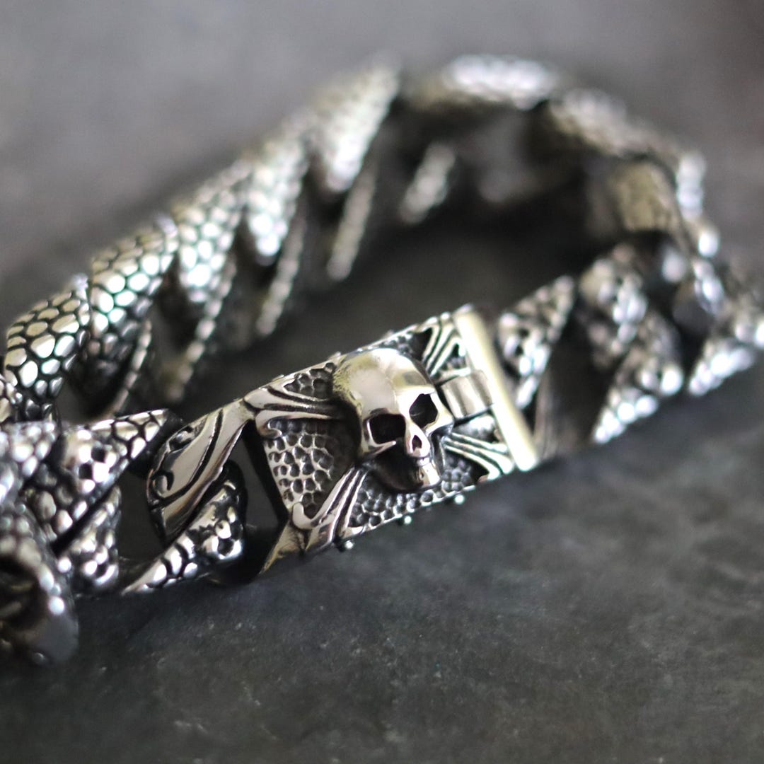 Skull Ornated Cuban Chain Link Bracelet, Silver 316L Stainless Steel ...