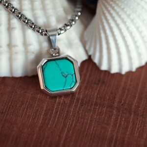 Square Turquoise Stainless Steel Pendant and Necklace, Natural Stone ...