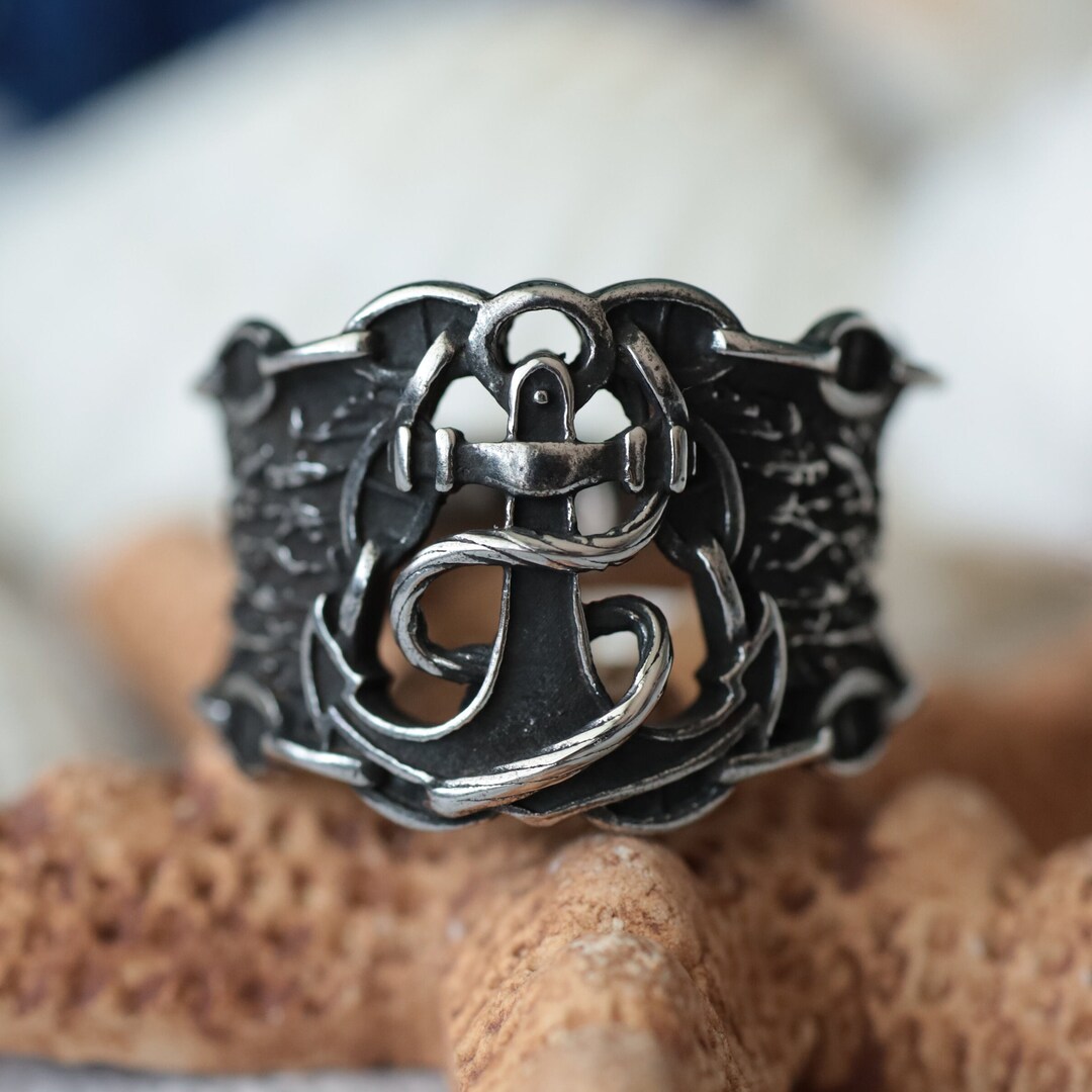 Antique Silver Color Anchor Ring, Solid Stainless Steel, Unisex Ring ...