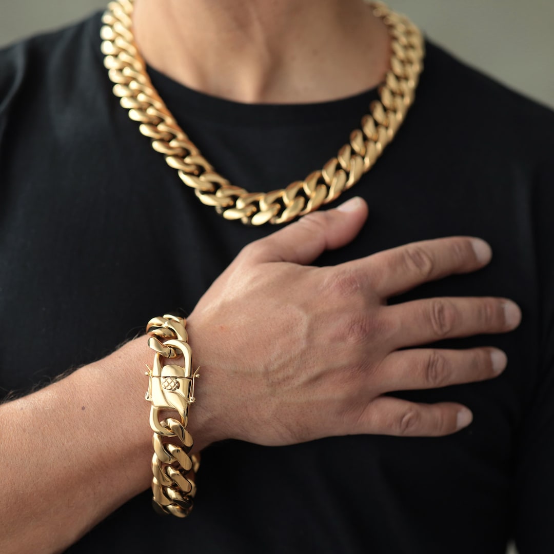 Gold Miami Cuban Chain Set: 18K Plated Stainless Steel Bracelet ...