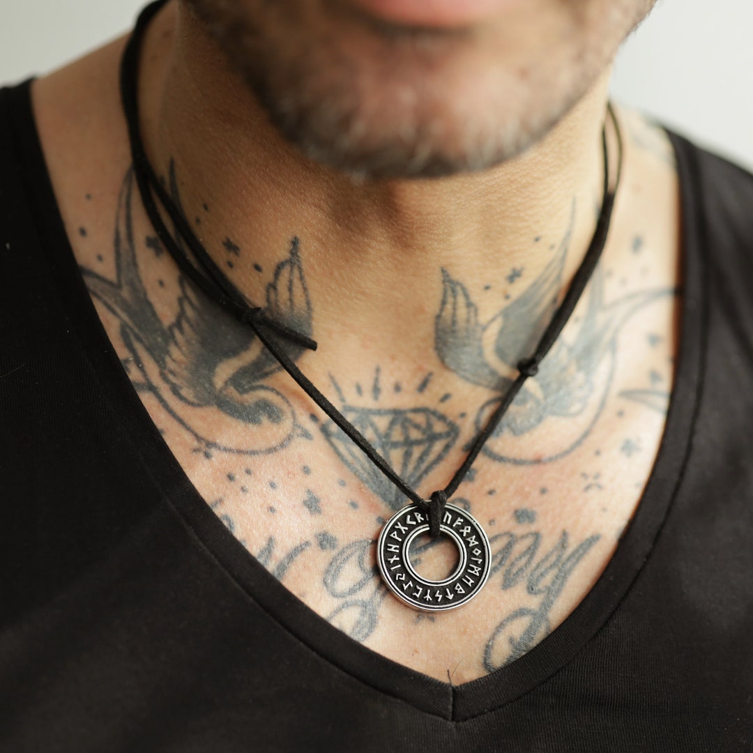 Runic Wheel Coin Stainless Steel Pendant Vegan Leather Sliding Knot ...