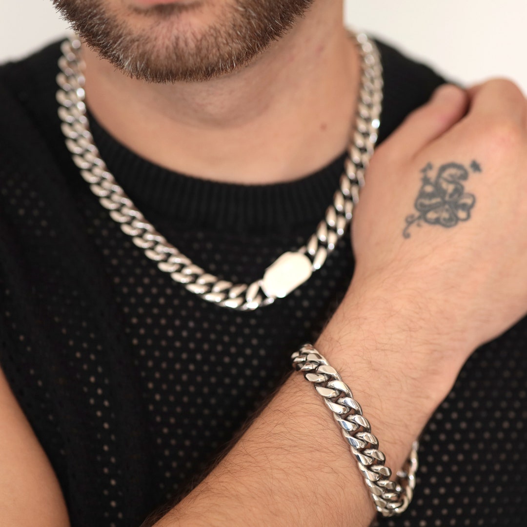 Premium Stainless Steel 12mm Cuban Link Chain Set, Bracelet, Necklace ...