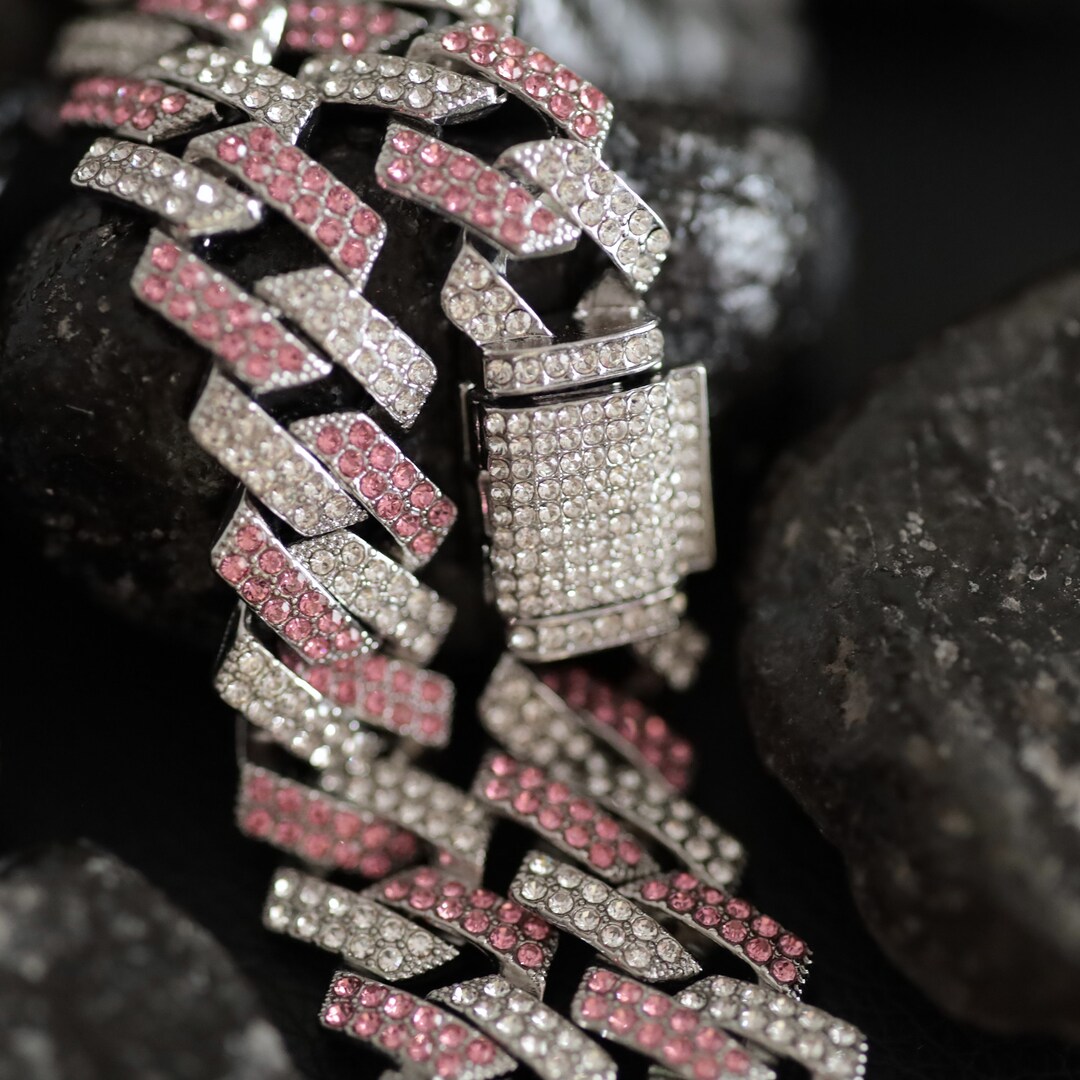 Iced Out 14mm Cuban Link Chain Necklace Bicolor White and Pink, 40cm ...