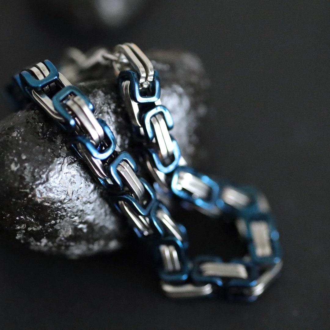 Bicolor Silver and Blue Byzantine Chain Bracelet, 6mm Wide 20cm Long ...