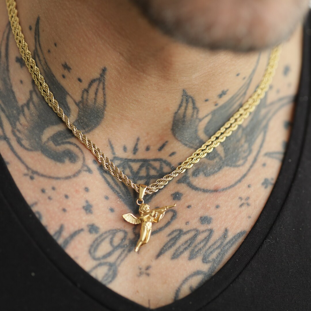 Angel With AK47 Pendant, Gold 18k Plated, Double Chain Necklace ...