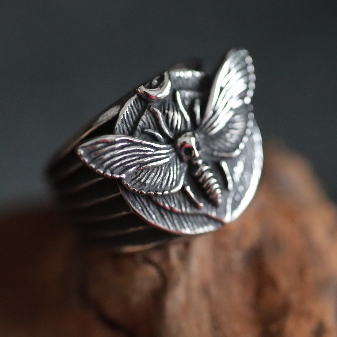 Death Moth Ring, Butterfly Moth Ring With Skull Head, Gothic Stainless Steel Ring for Him and ...