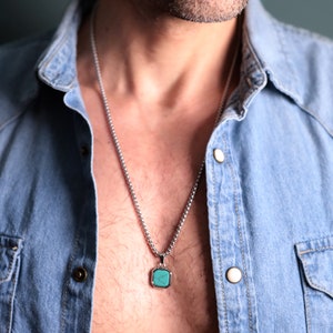 Square Turquoise Stainless Steel Pendant and Necklace, Natural Stone ...