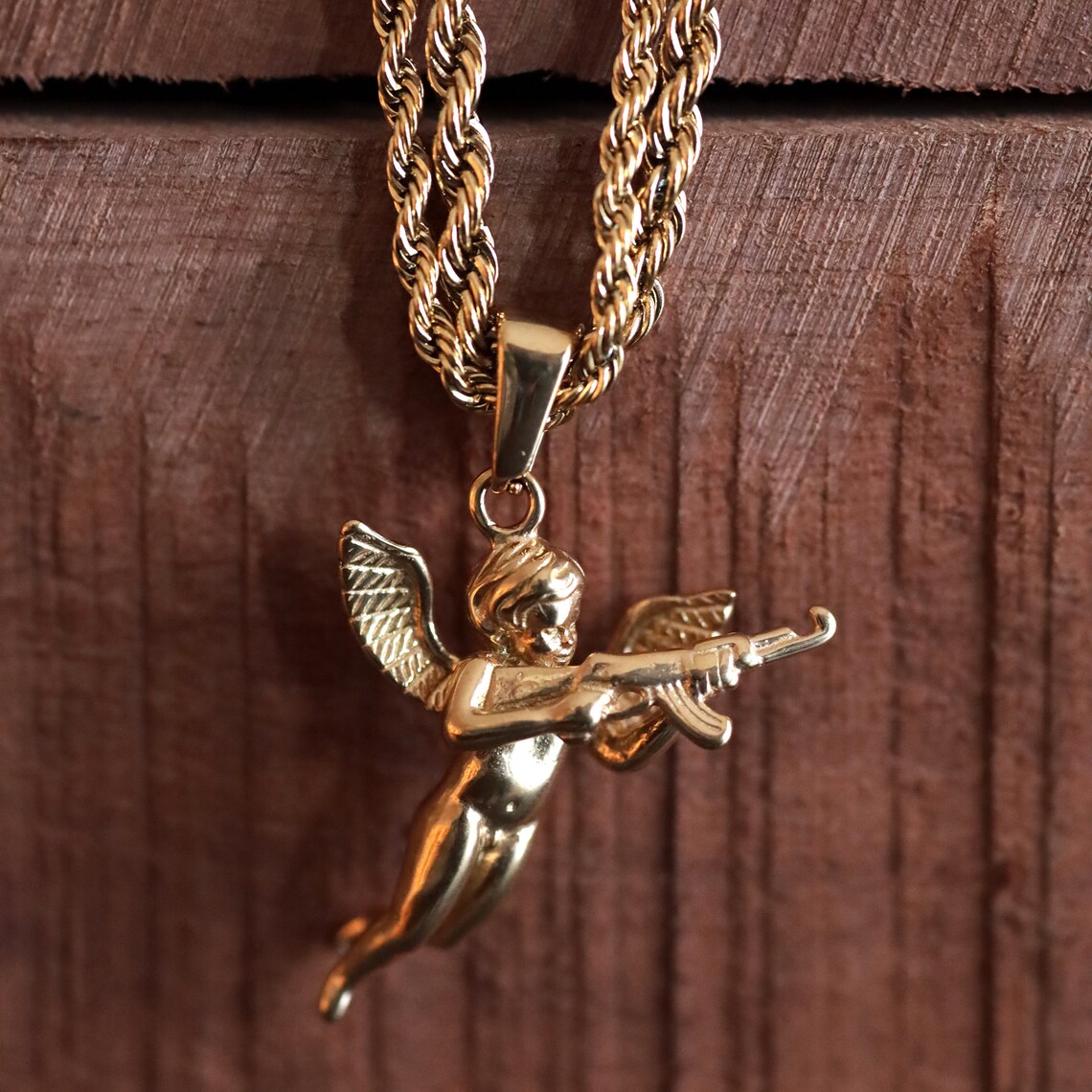 Gold Angel AK47 Pendant Necklace - Stainless Steel Double Chain - Etsy