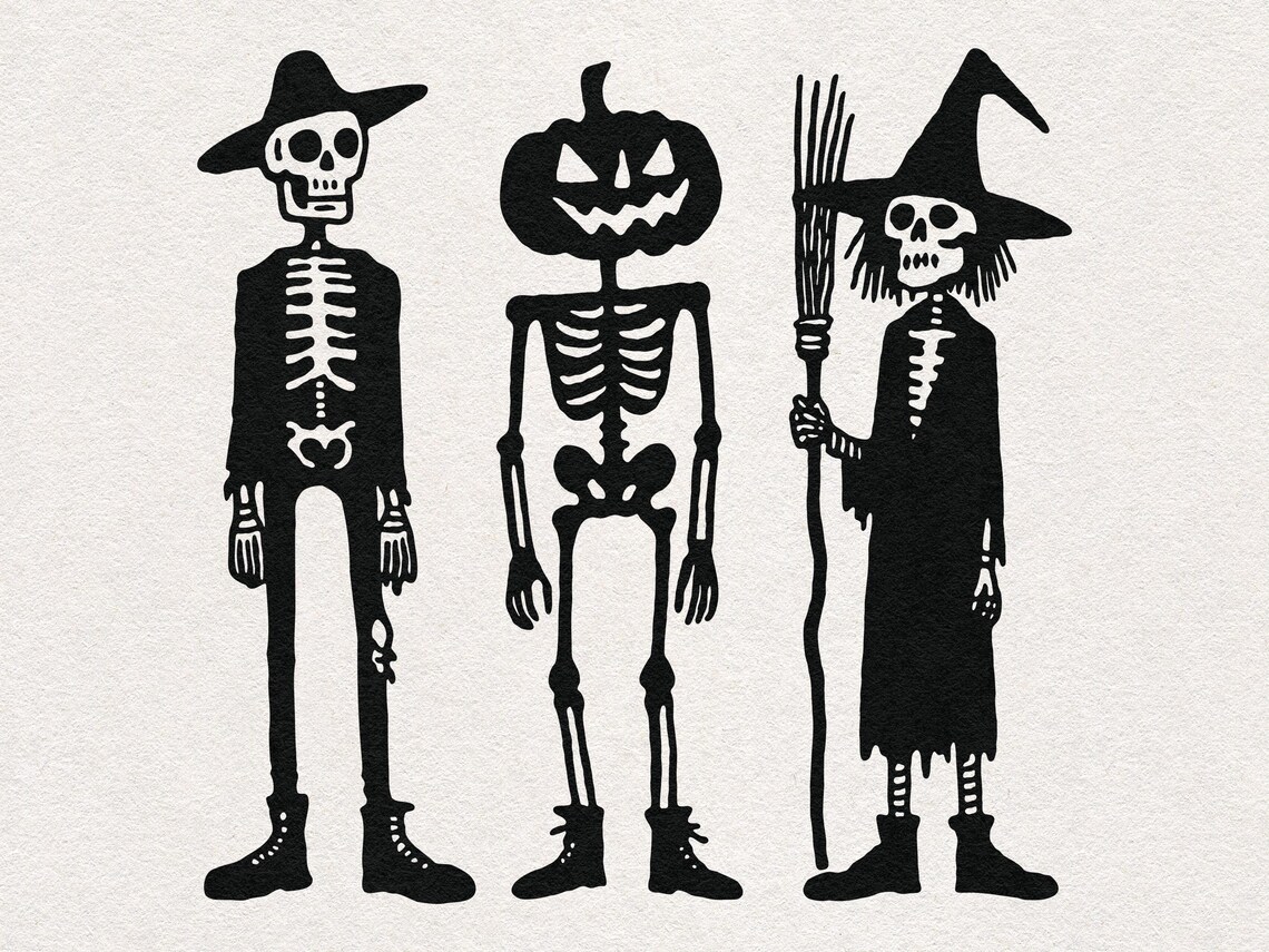 Halloween Character Trio: Skeleton, Jack-o-lantern, Witch Art PNG SVG ...