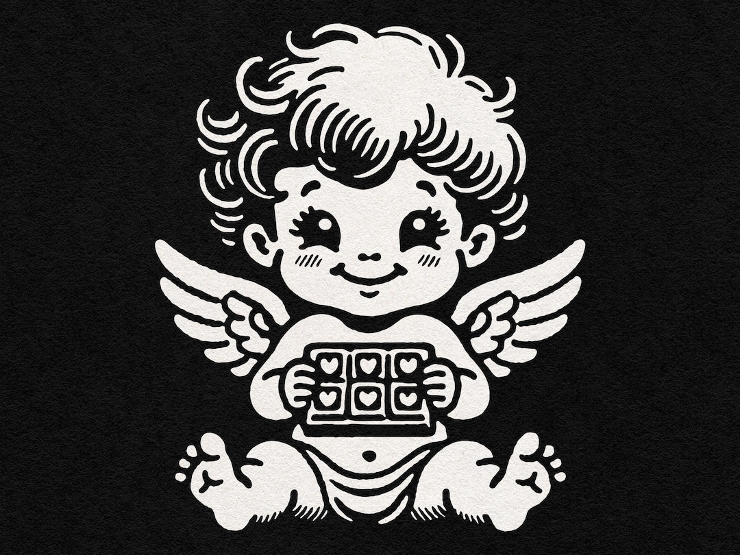 Kewpie Cupid Holding Box of Chocolates Cute Valentines Day Art Graphic ...