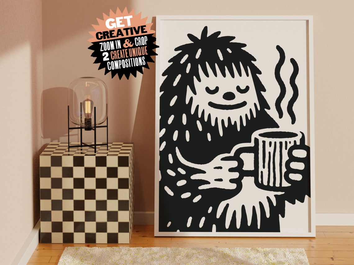 Bigfoot Drinking Coffee: Cozy Sasquatch Yeti Art PNG SVG Clipart ...