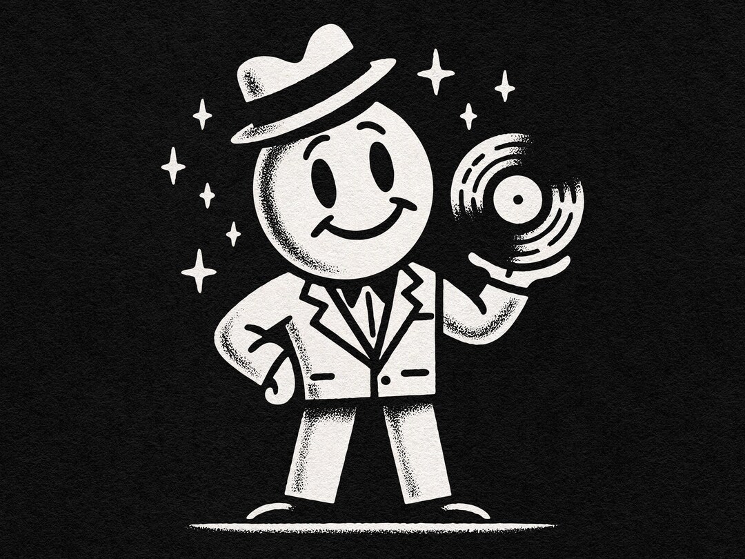 Smiley Vinyl Record Mascot Character - Vintage Music Collector Art ...