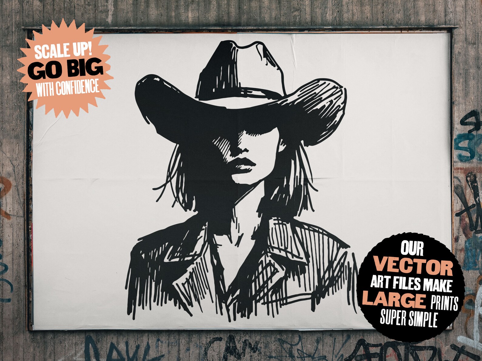 Modern Cowgirl Fashion Sketch Bold Sharpie Country Western Art Graphic ...