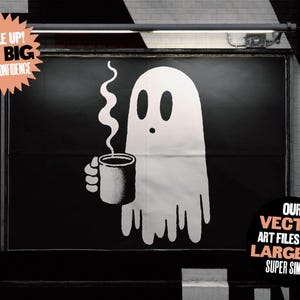 Sheet Ghost Holding Hot Coffee Mug Cute Spooky Halloween Art Graphic ...