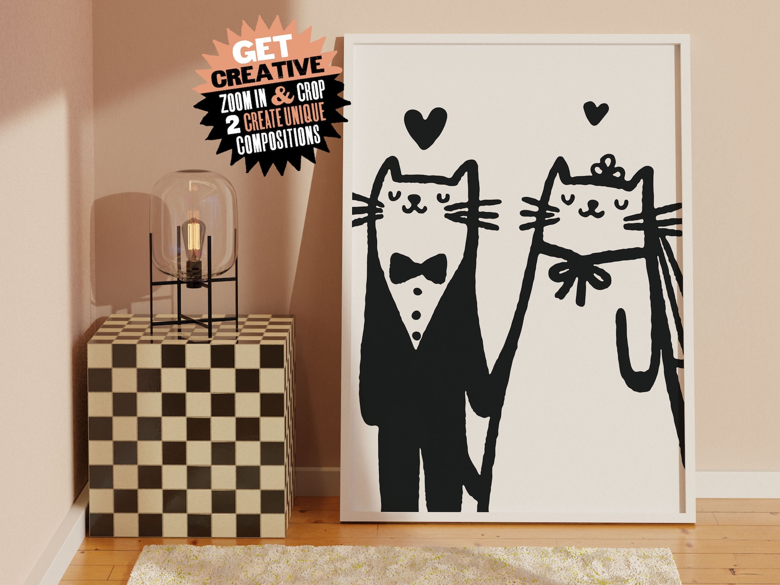Newlywed Cat Couple on Their Wedding Day Minimalistic Love Cats Art ...