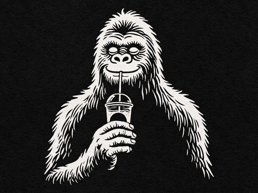 Bigfoot Drinking an Iced Coffee - Sasquatch Creature Yeti Monster Art ...