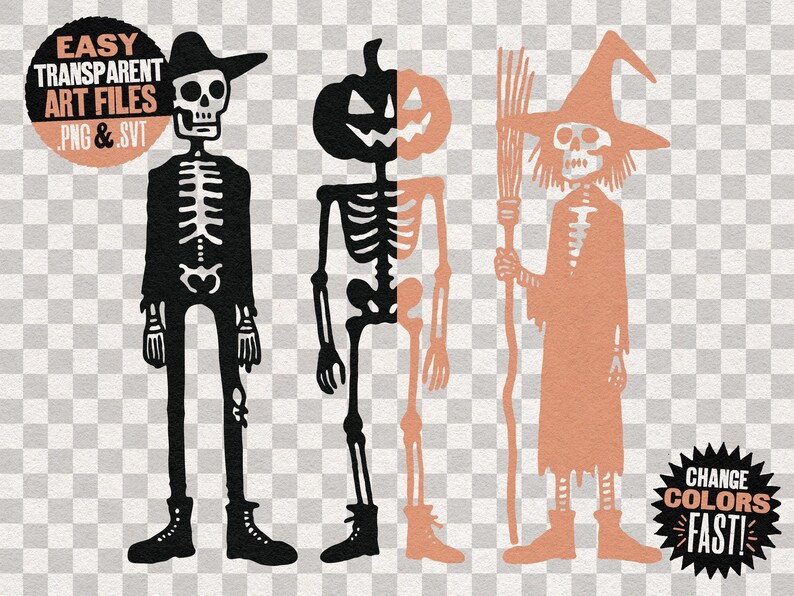 Halloween Character Trio: Skeleton, Jack-o-lantern, Witch Art PNG SVG ...