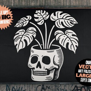Monstera Plant in Skull Shaped Planter - Houseplant Art Graphic ...