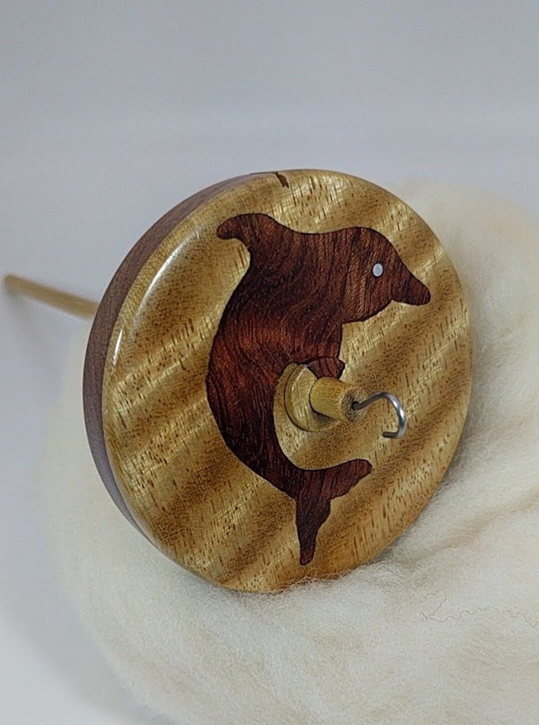 Drop Spindle With Dolphin, Waterfall Bubinga, Figured Movingui, Mother ...