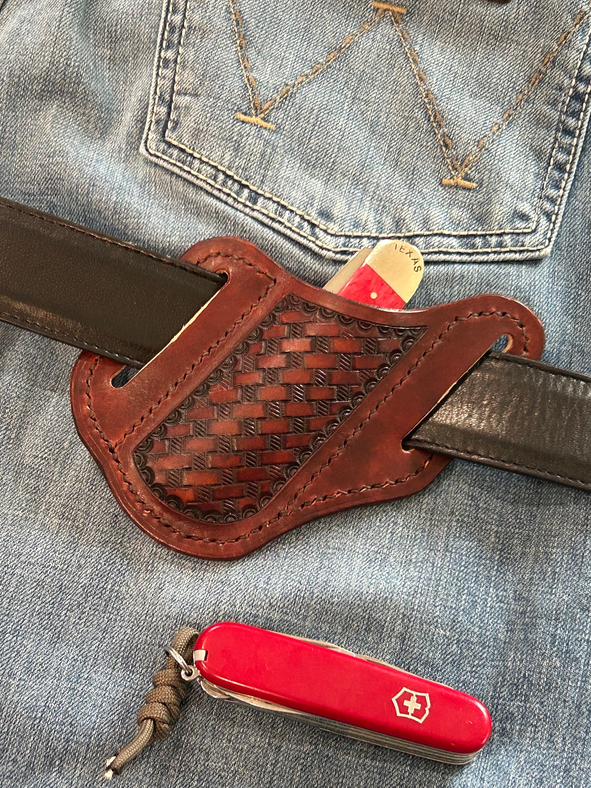 Leather Knife Sheath, Tooled Knife Holster, Basketweave Pancake Knife ...