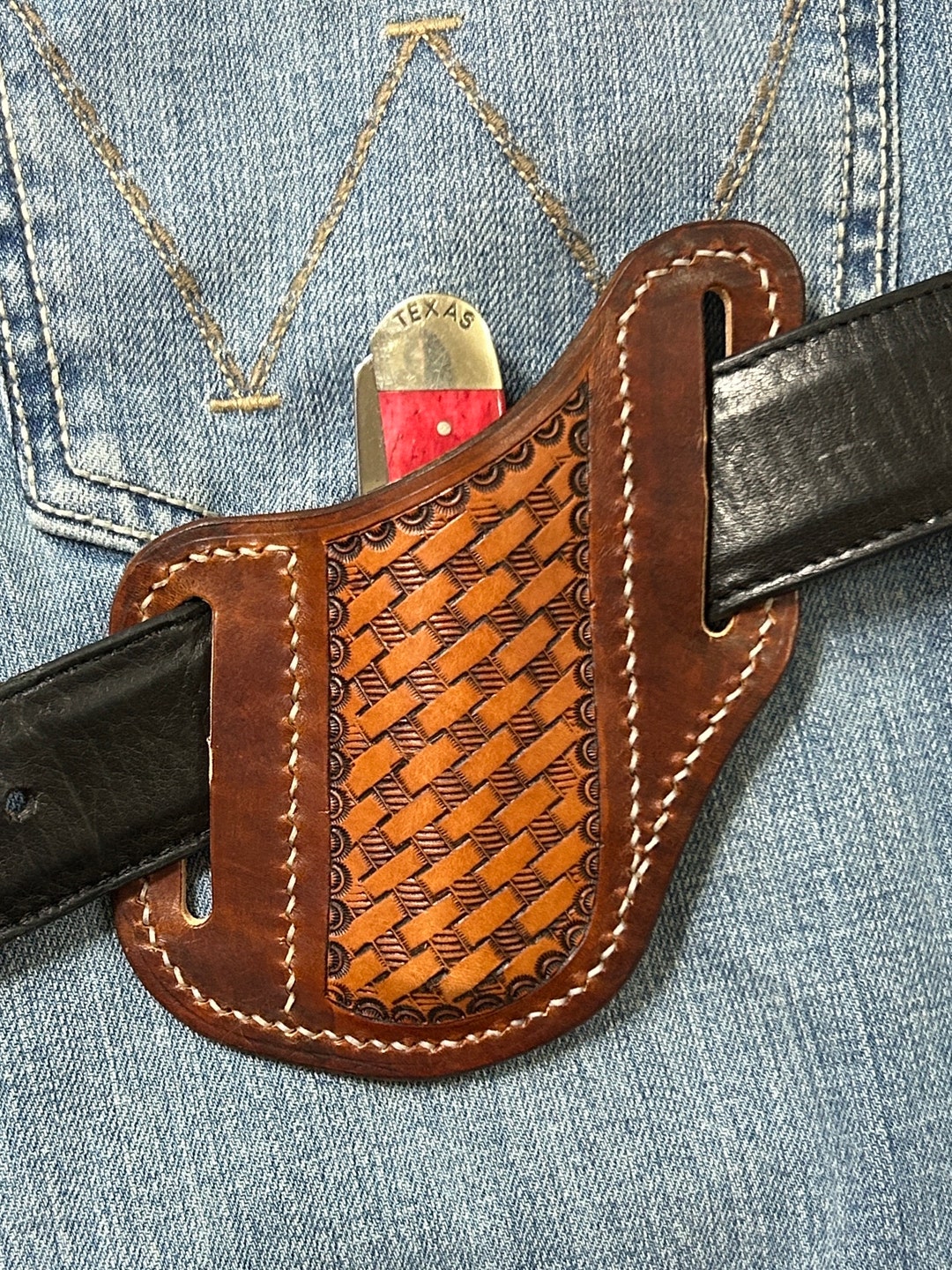 Leather Knife Sheath, Tooled Knife Holster, Basketweave Pancake Knife ...