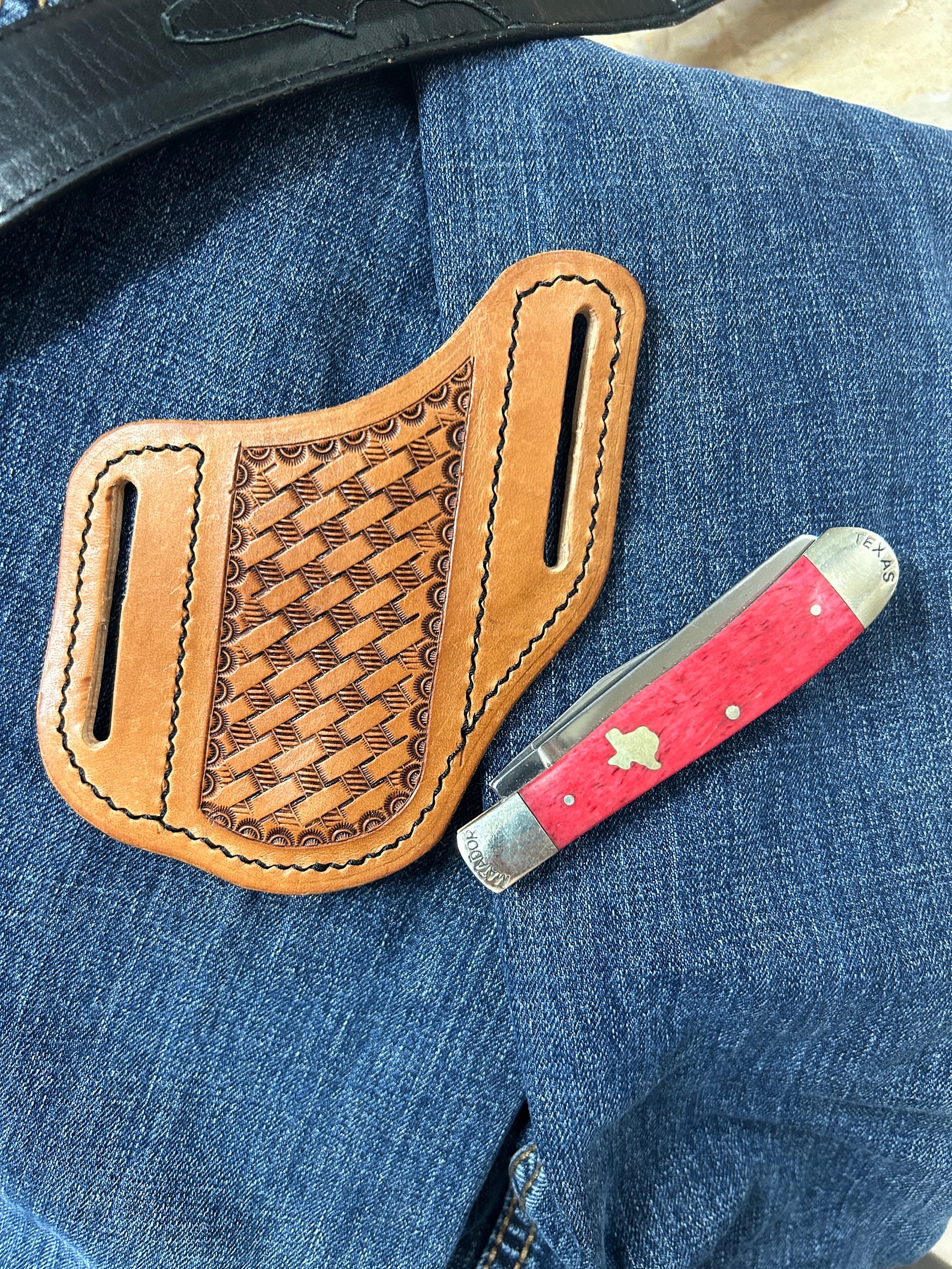Leather Knife Sheath, Tooled Knife Holster, Basketweave Pancake Knife ...