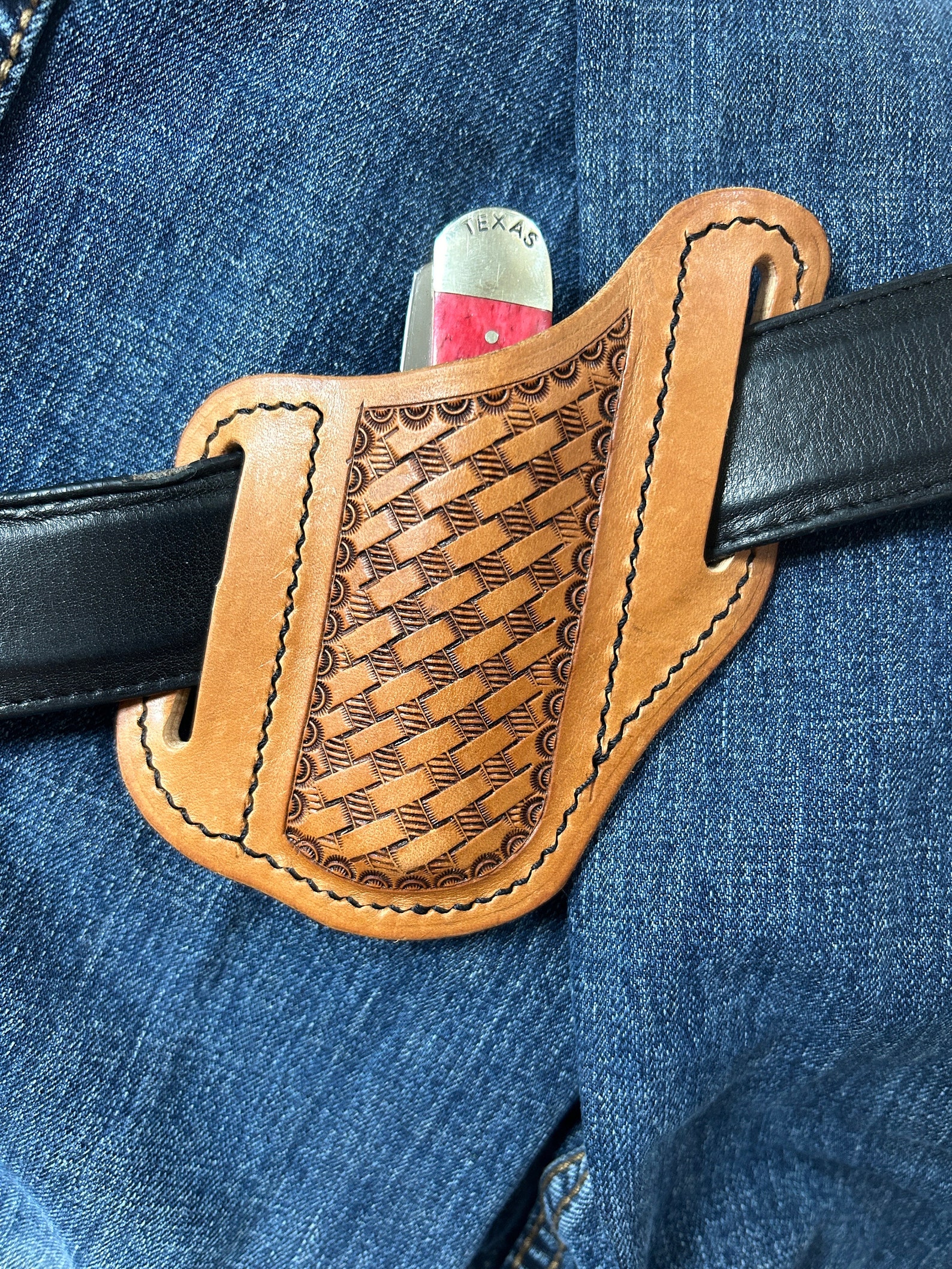 Leather Knife Sheath, Tooled Knife Holster, Basketweave Pancake Knife ...