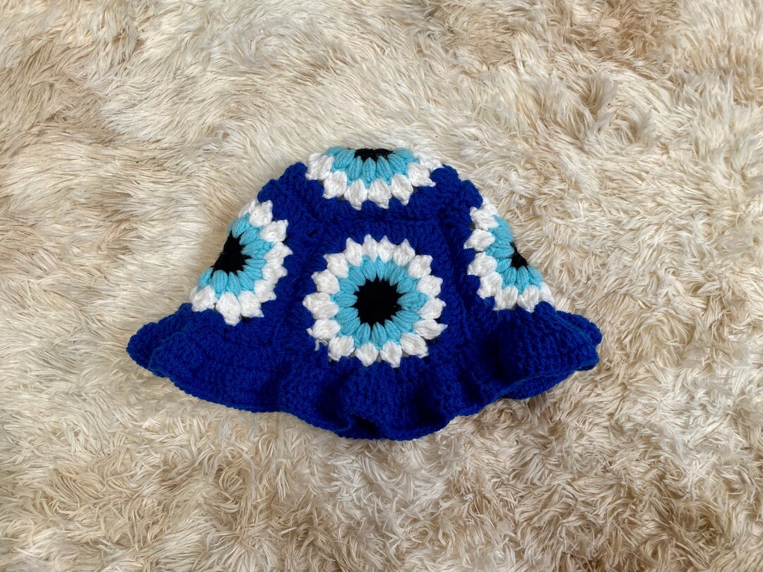 Evil Eye Crochet Bucket | Granny Square Sunbrust Evil Eye Hat ...