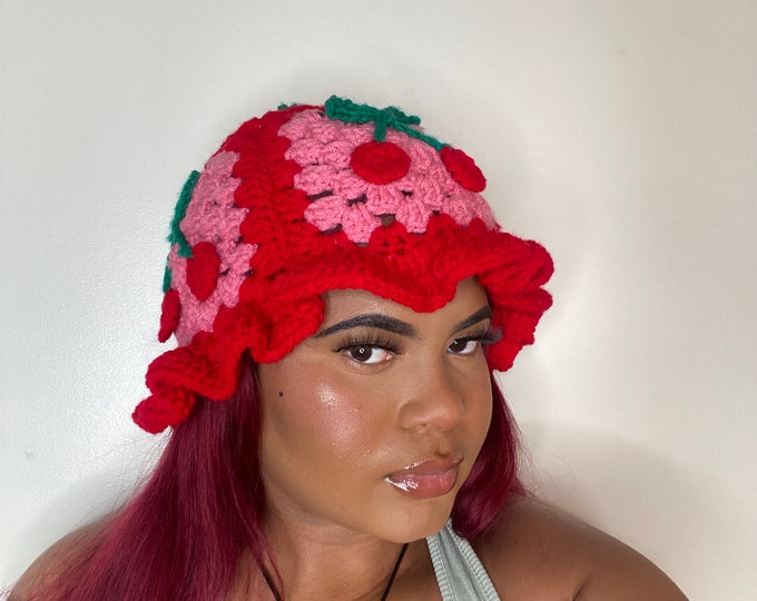 Cute Cherry Bucket Hats, Handmade Crochet Cherry Hats, Cute Bucket Hat, Hair Accessories, Cherry ...