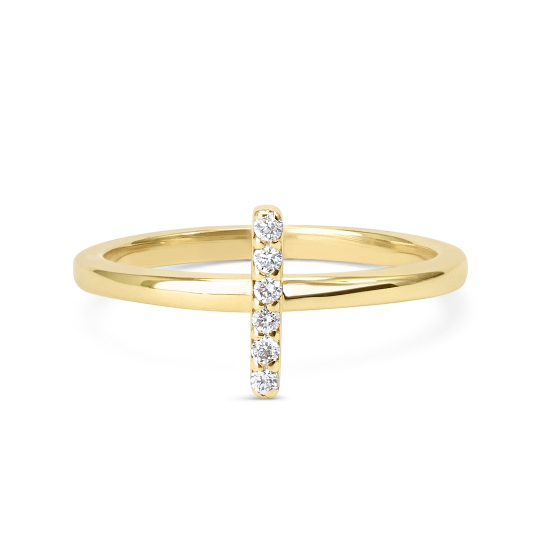 Vertical Diamond Line Ring, 14k Solid Gold Stacking Ring, Gold Bar Ring ...