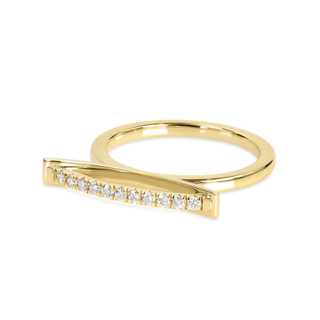 Curved Diamond Line 14K Gold Stacking Bar Ring With French Prong ...