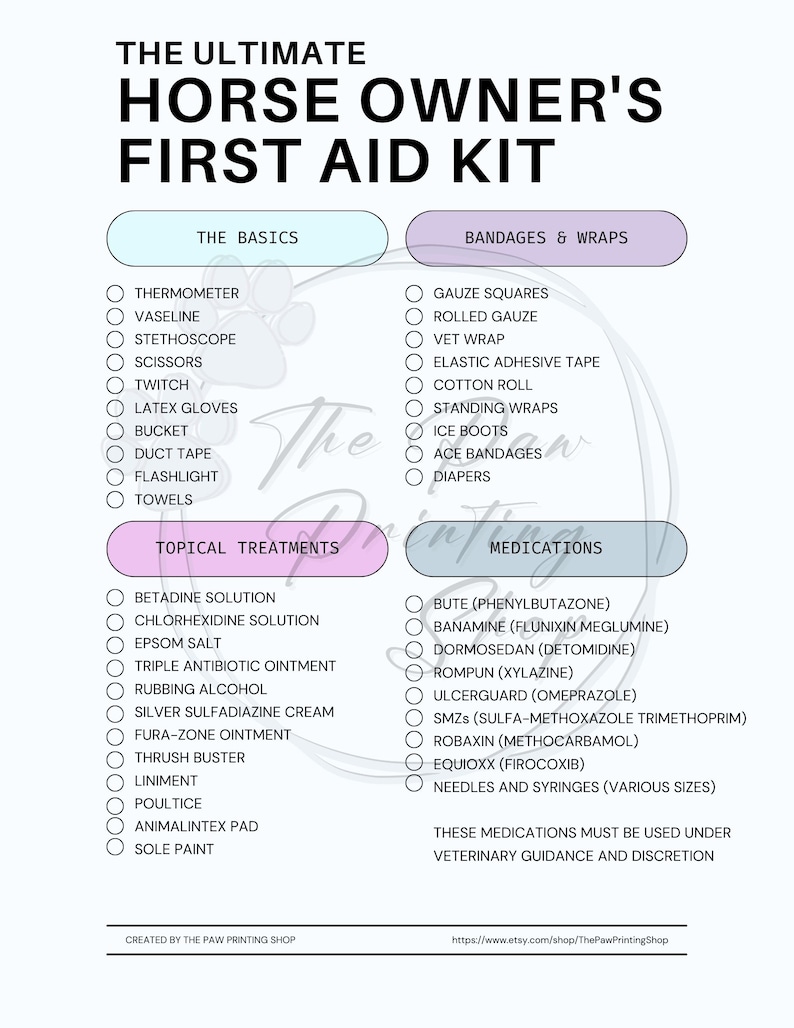 Horse First Aid Kit List Printable Equine Med Kit First Aid - Etsy