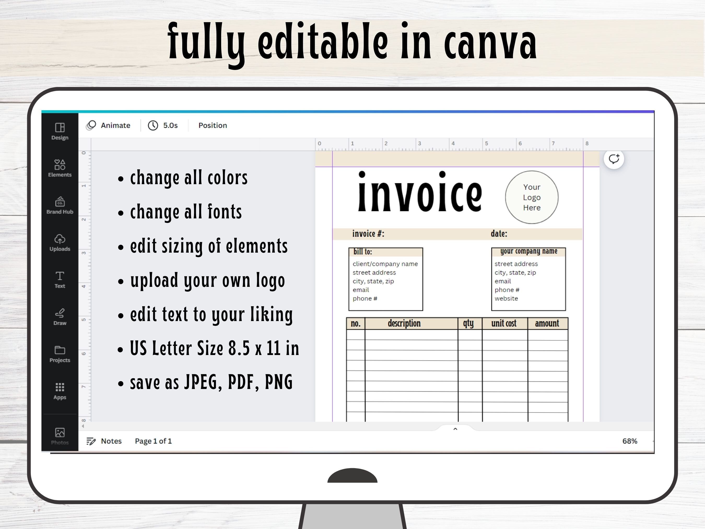Editable Invoice Template, Canva Template, Small Business Invoice ...