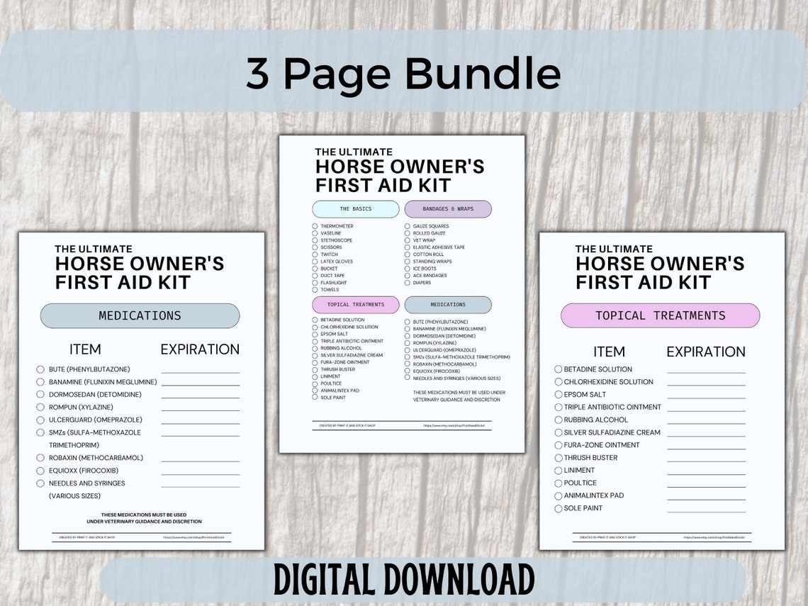 Horse First Aid Kit List, Printable Equine Med Kit, First Aid Guide ...