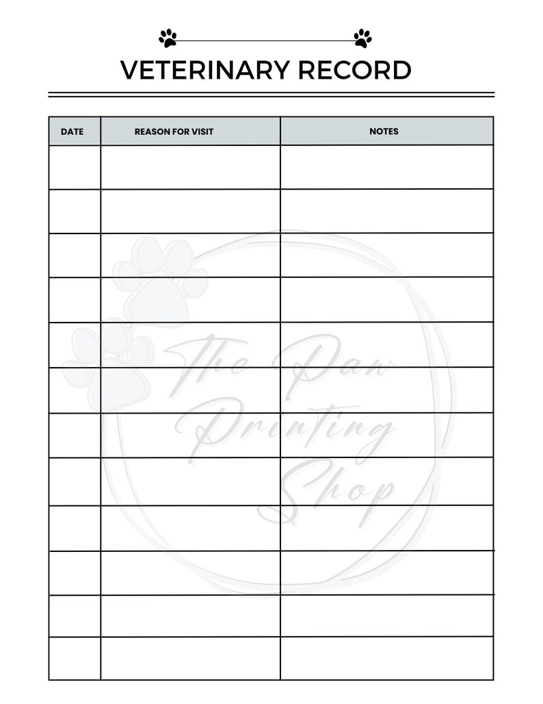 Dog Veterinary Record, Veterinary Health Record, Printable Pet Medical ...