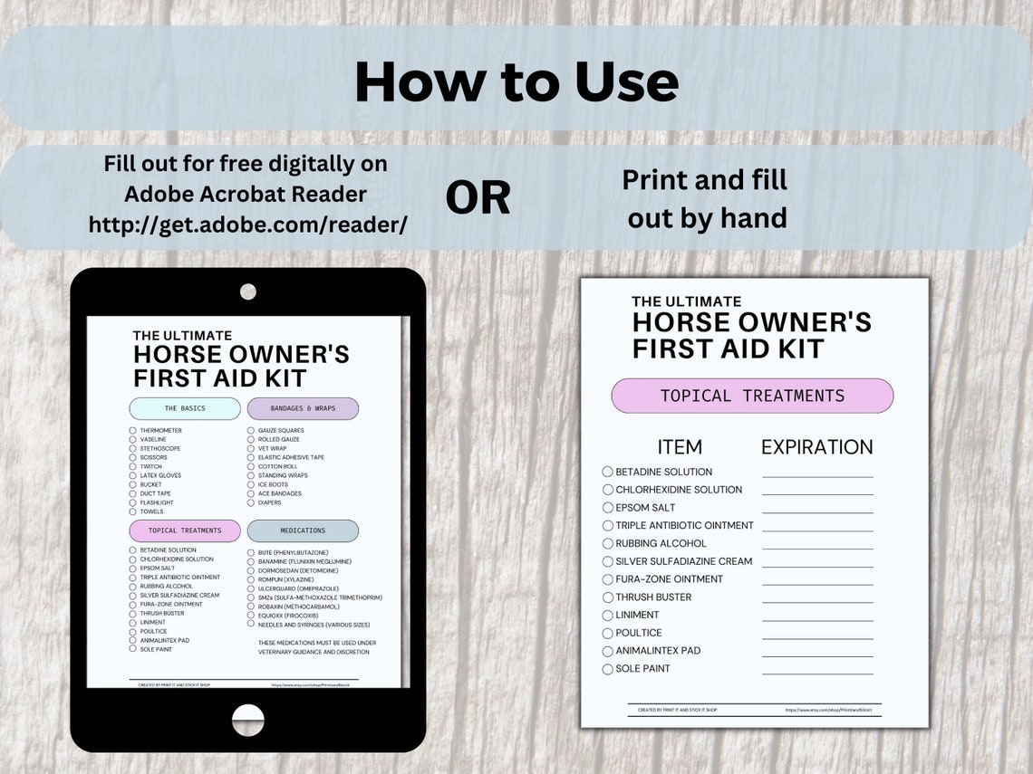 Horse First Aid Kit List, Printable Equine Med Kit, First Aid Guide ...