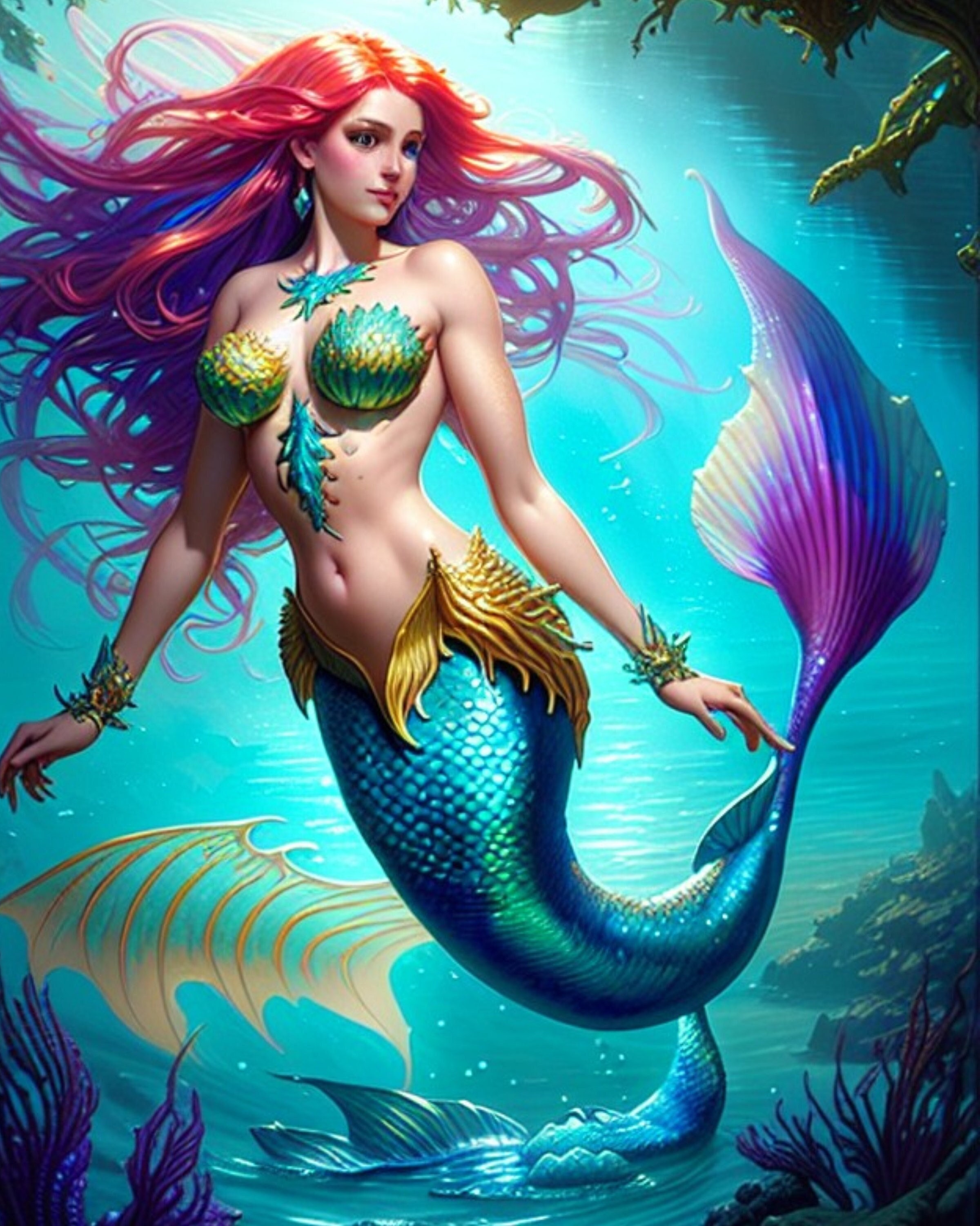 Coral Mermaid Fantasy Digital Art Etsy