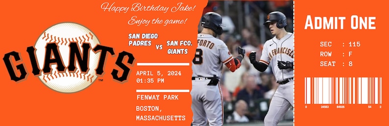 Instant Download Printable, Giants Ticket Game, Giants Baseball Editable, San Francisco Giants ...
