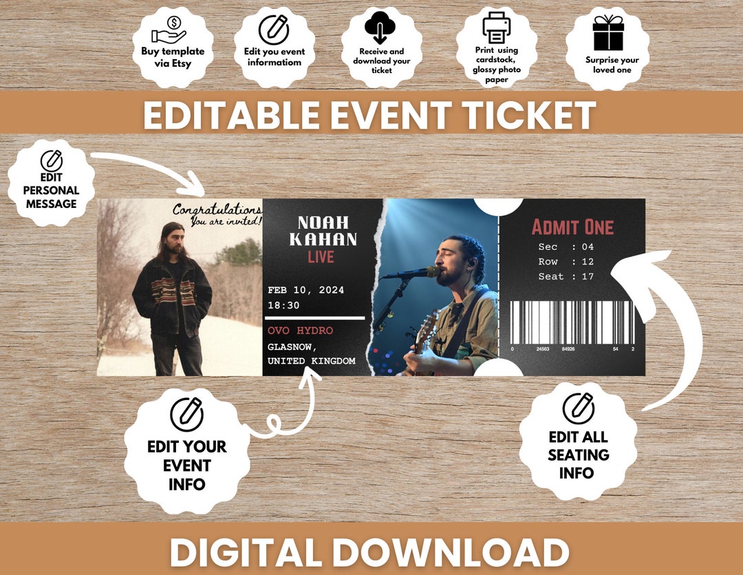 Instant Digital Download Editable Ticket Noah Kahan Tour Concert Ticket ...