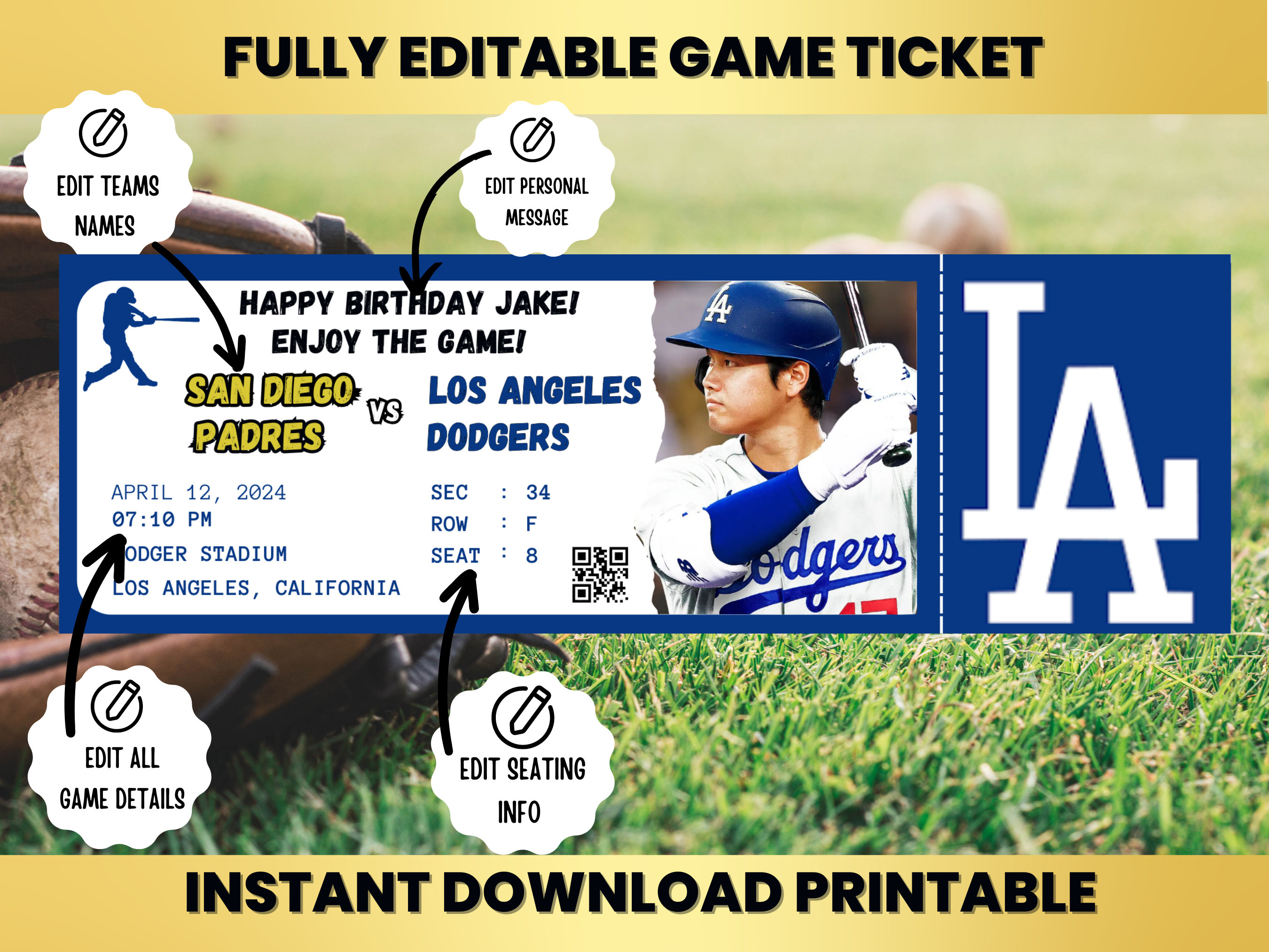 Sofortiger Download druckbar, Dodgers Ticketspiel, Baseballticket ...