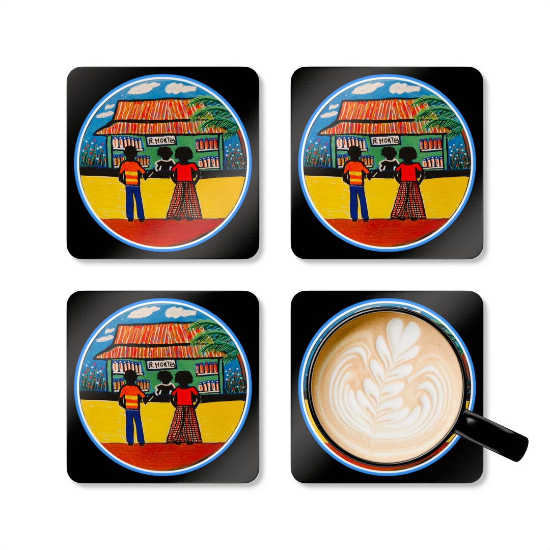 Vibrant Caribbean Folk Art Coaster Set, Unique Home Decor, Drink ...