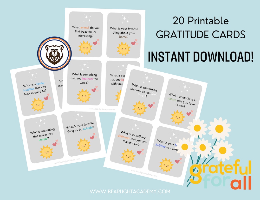 Instant Download, Printable Gratitude Cards for Children, Mindfulness ...
