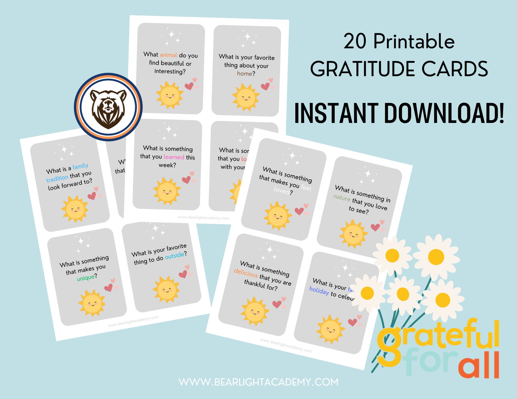 Instant Download, Printable Gratitude Cards for Children, Mindfulness ...