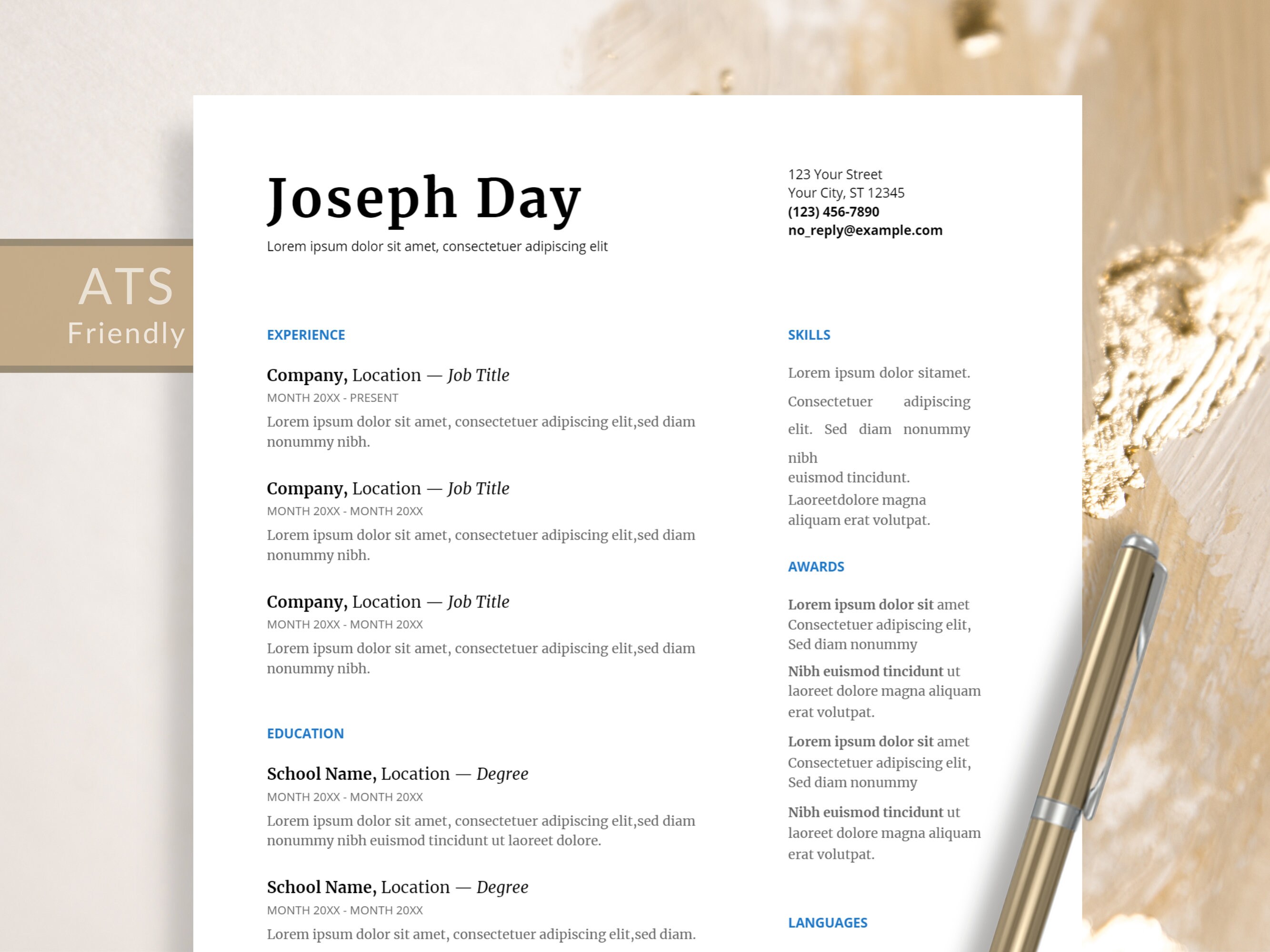 ATS Friendly Resume Template for Google Docs, Word and Pages Resume ...