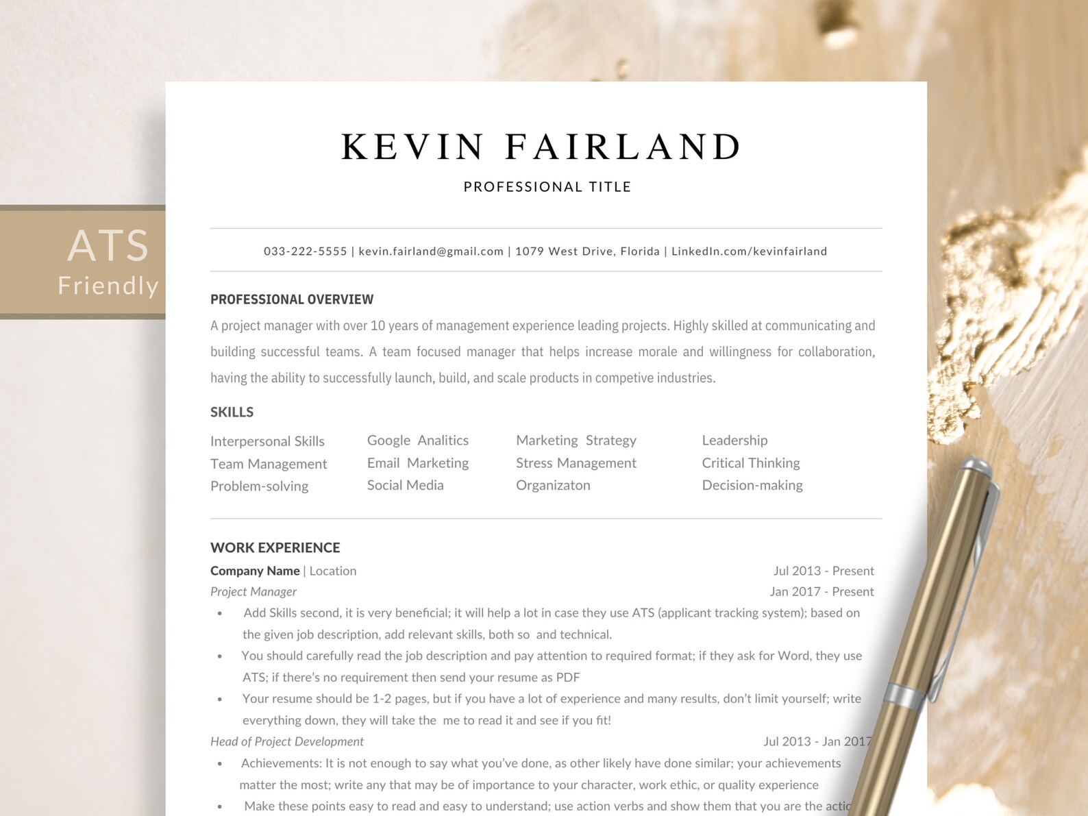 ATS Friendly Resume Template for Google Docs, Word and Pages Resume ...