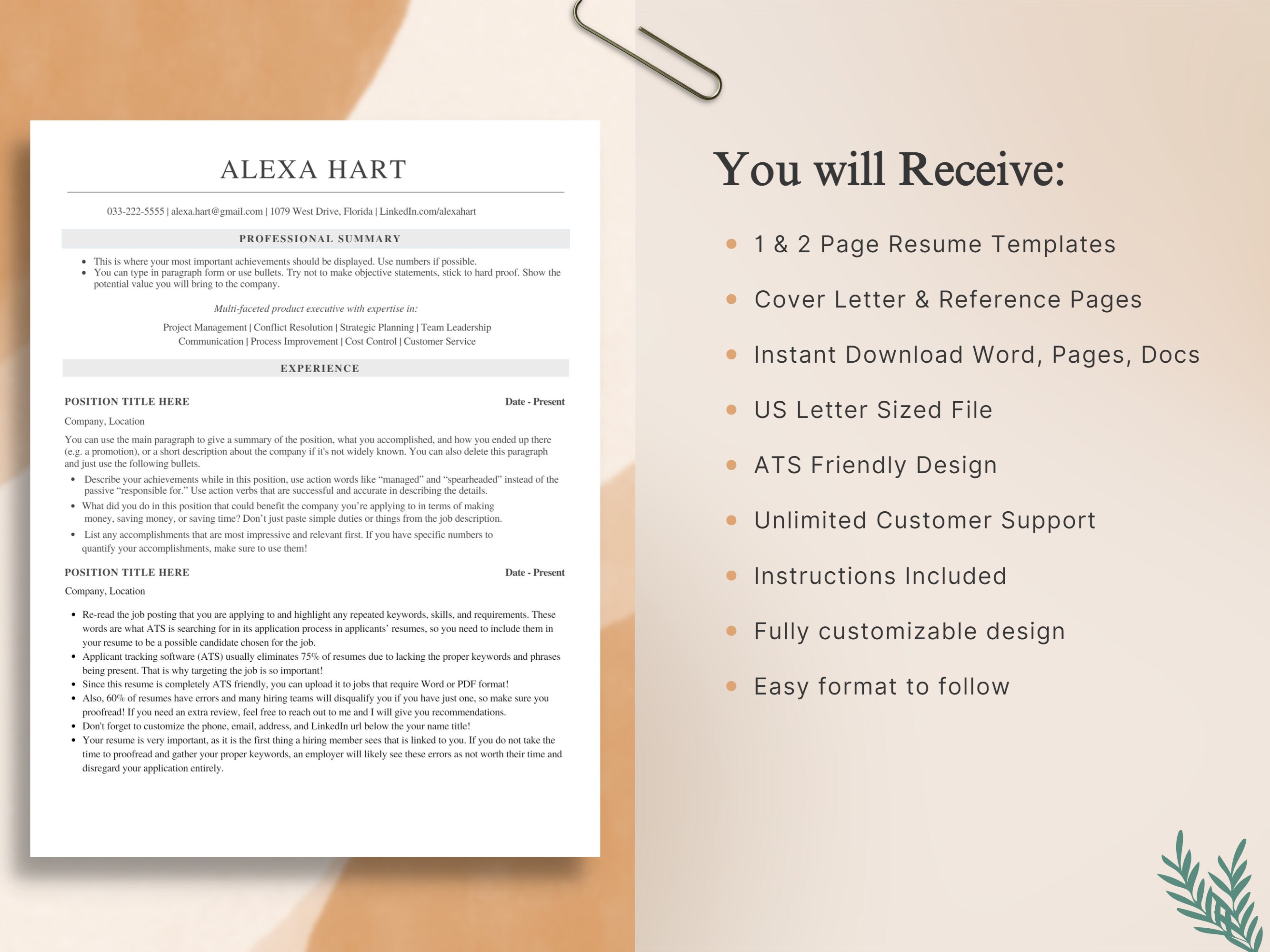 ATS Friendly Resume Template for Google Docs, Word and Pages Resume ...