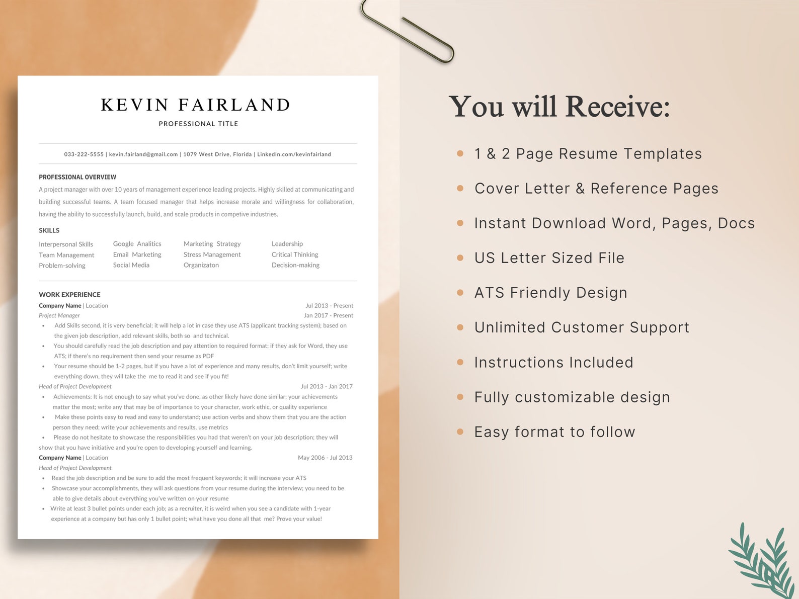 ATS Friendly Resume Template for Google Docs, Word and Pages Resume ...