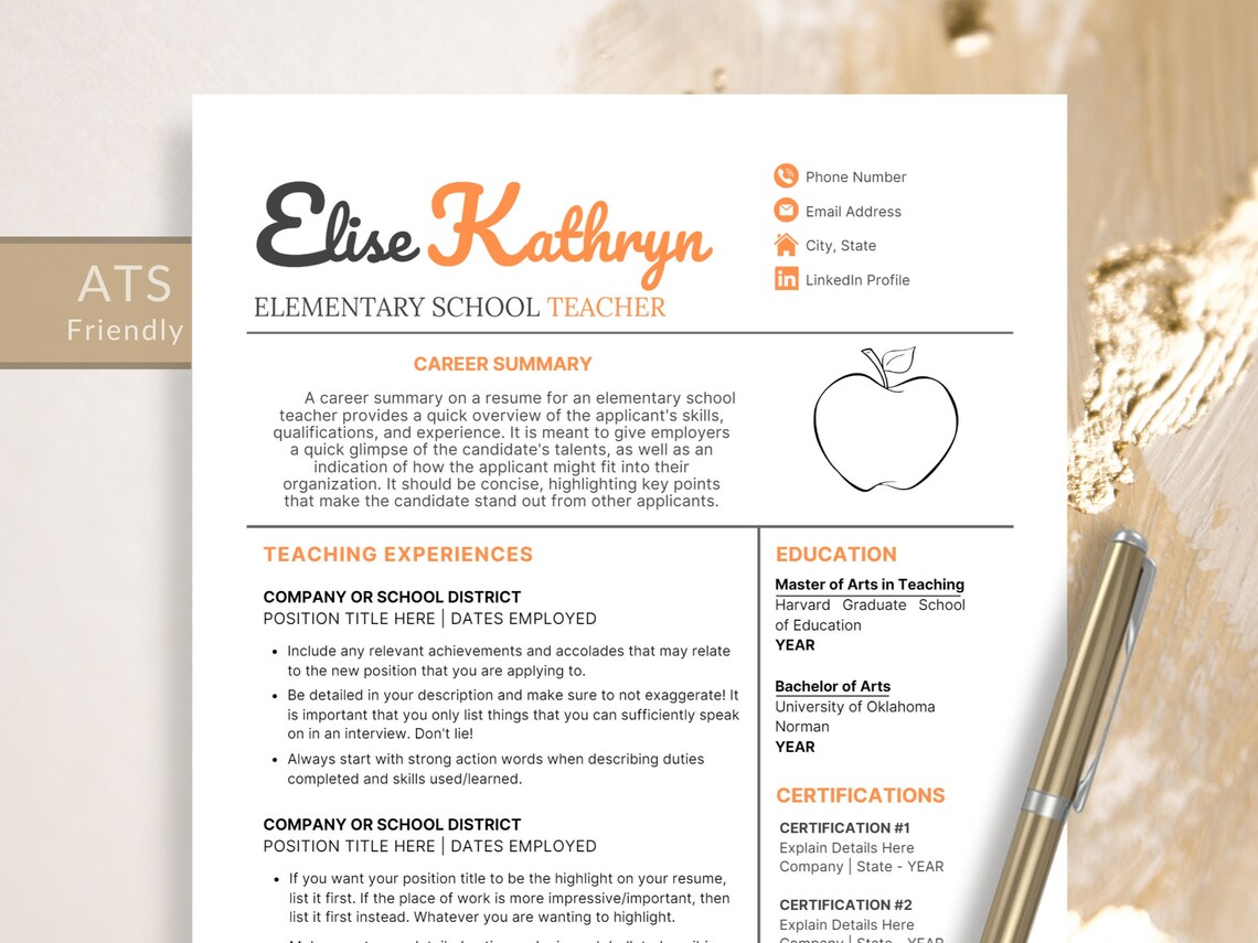 Elementary School Teacher Resume Template, School Teacher CV Template ...